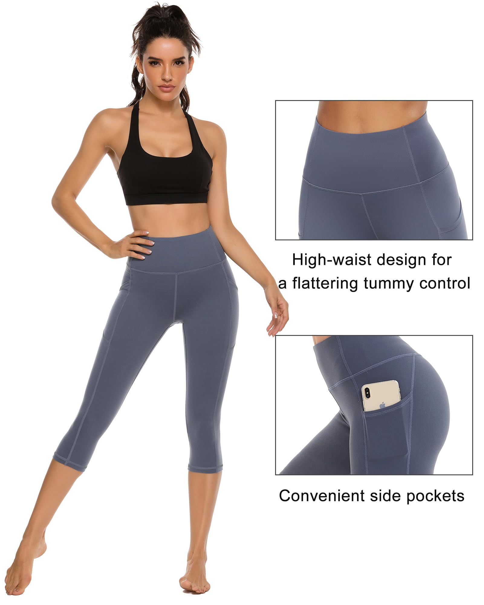 Stelle Womens High Waisted Legging Yoga Pants with Pockets for Gym Workout (Cotton Like Softness-Grey Blue, Medium)