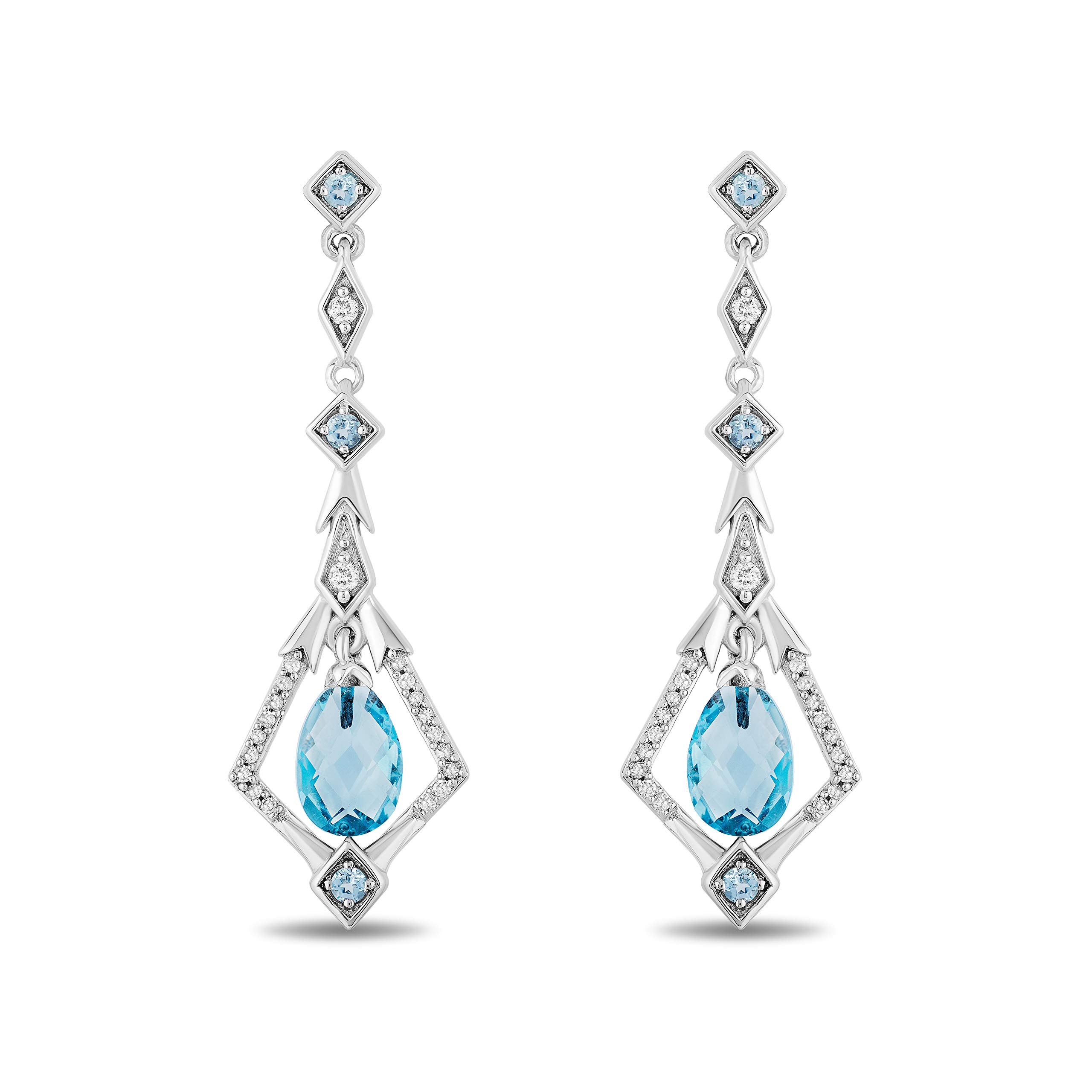 Jewelili Enchanted Disney Fine Jewelry Sterling Silver with 1/8 CTTW Diamonds and Swiss Blue Topaz Elsa Dangling Earrings