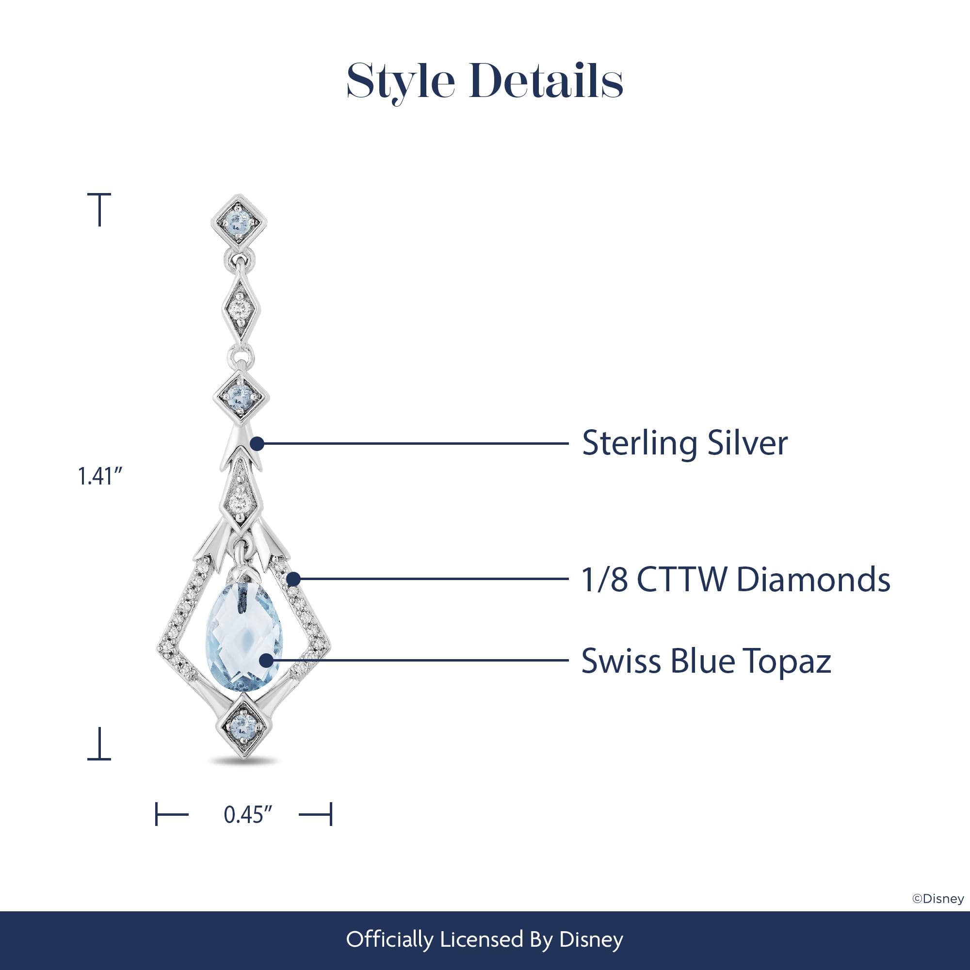 Jewelili Enchanted Disney Fine Jewelry Sterling Silver with 1/8 CTTW Diamonds and Swiss Blue Topaz Elsa Dangling Earrings