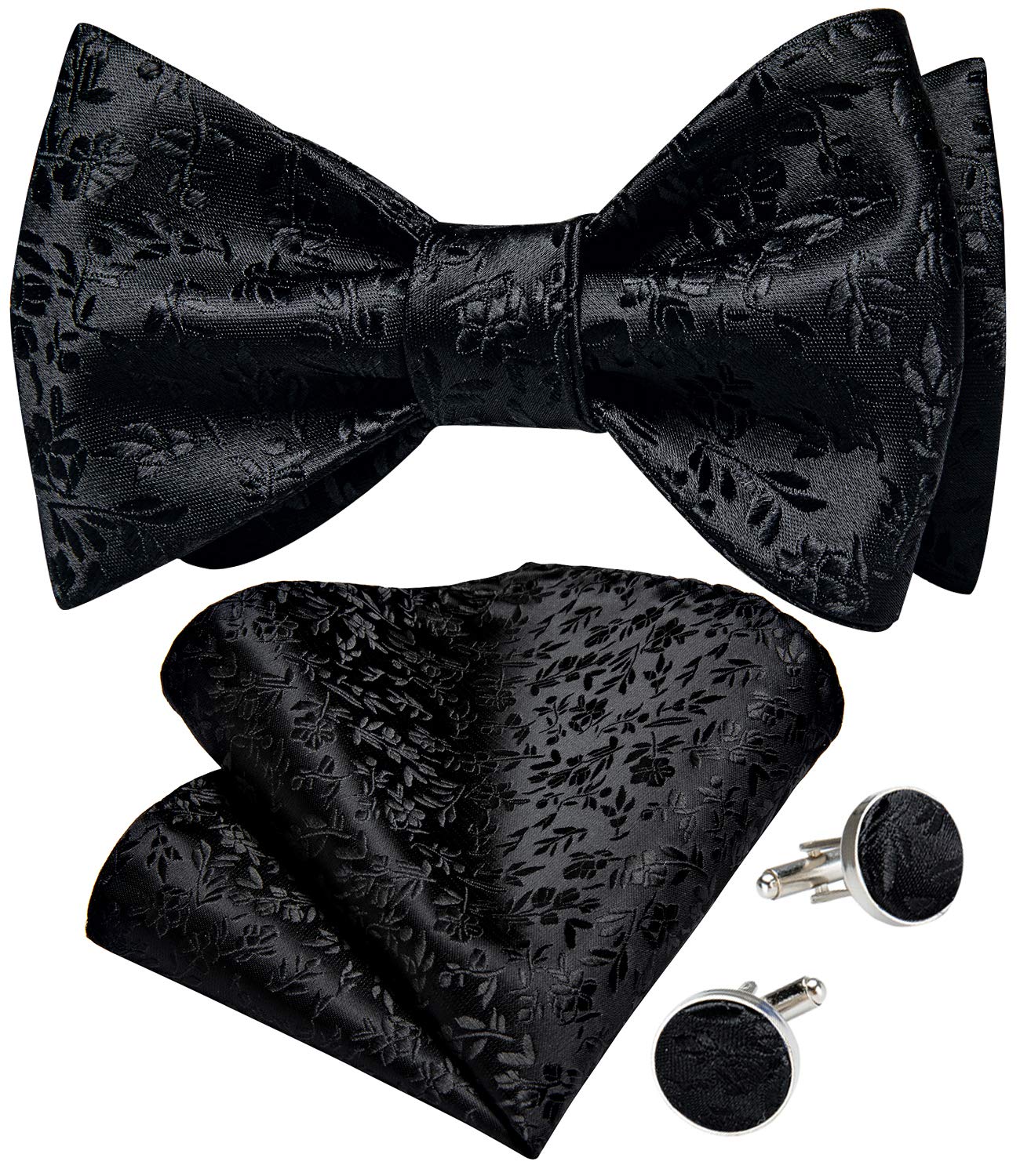 DiBanGu Black Bow Ties for Men Self Tie Bow Tie and Pocket Square Cuffllinks Set Formal Business Wedding