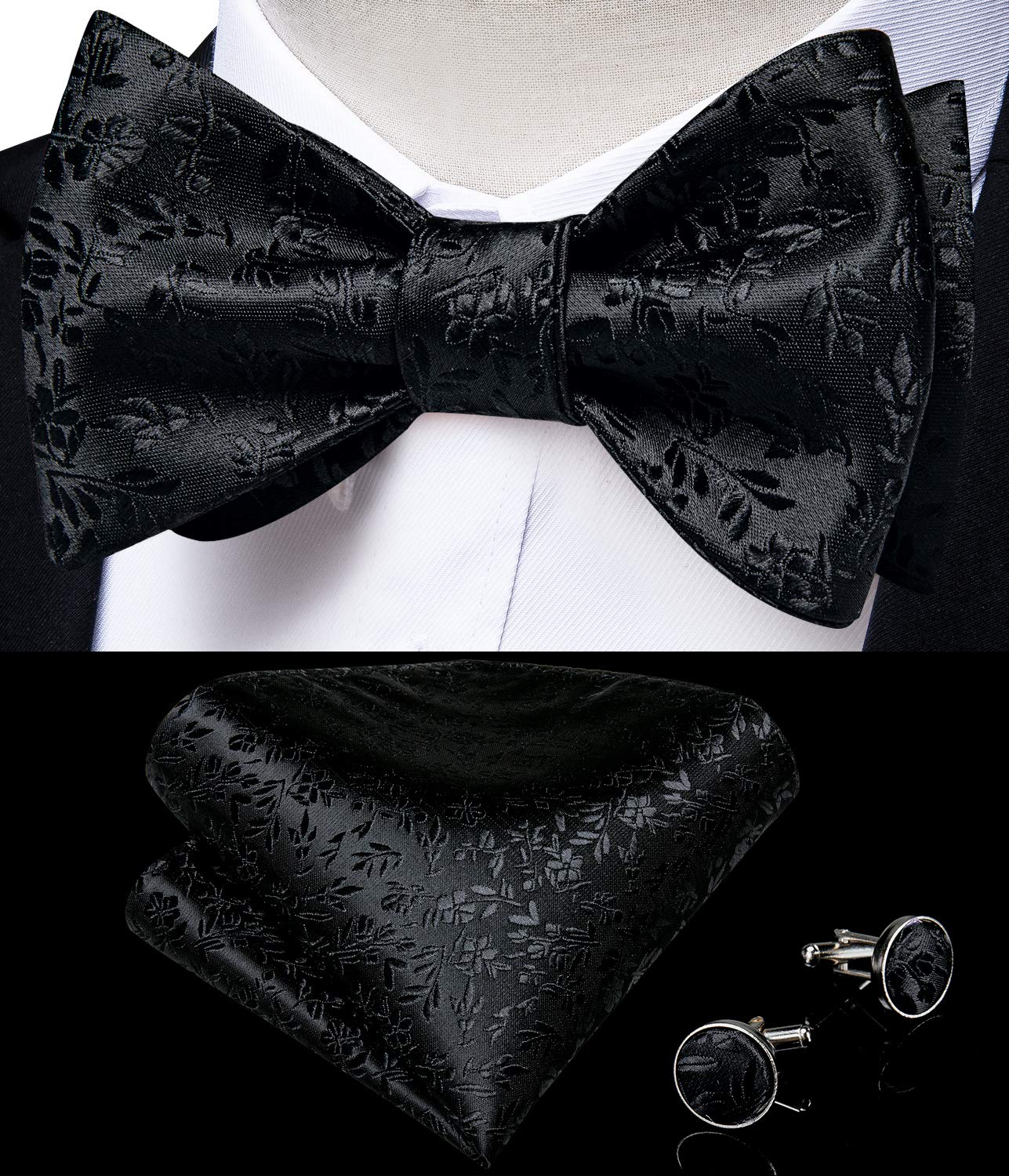 DiBanGu Black Bow Ties for Men Self Tie Bow Tie and Pocket Square Cuffllinks Set Formal Business Wedding