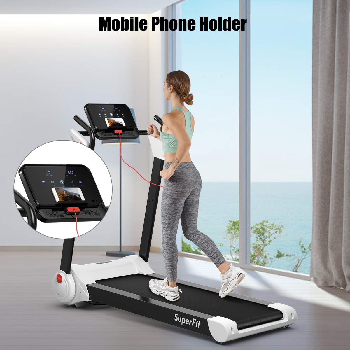 GYMAX Folding Treadmill, 2.25HP Electric Motorized Running Walking Machine with LED Touch Screen, Portable Cardio Workout Treadmill for Home Gym Office (White)