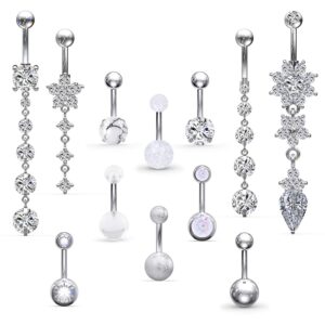 scerring 14g belly button rings stainless steel dangle belly navel barbell body piercing jewelry clear cz stone opal 12pcs silver