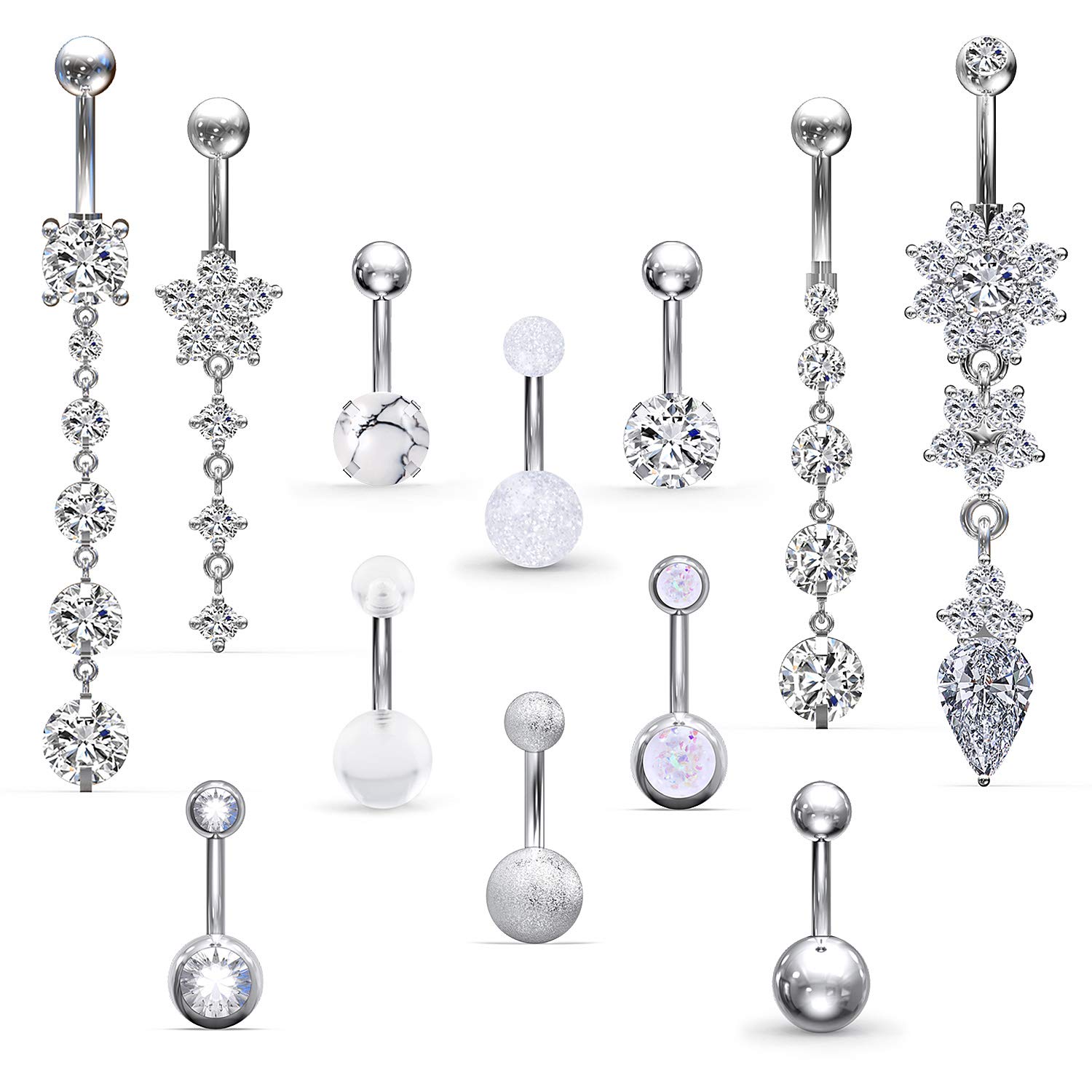 SCERRING 14G Belly Button Rings Stainless Steel Dangle Belly Navel Barbell Body Piercing Jewelry Clear CZ Stone Opal 12PCS Silver