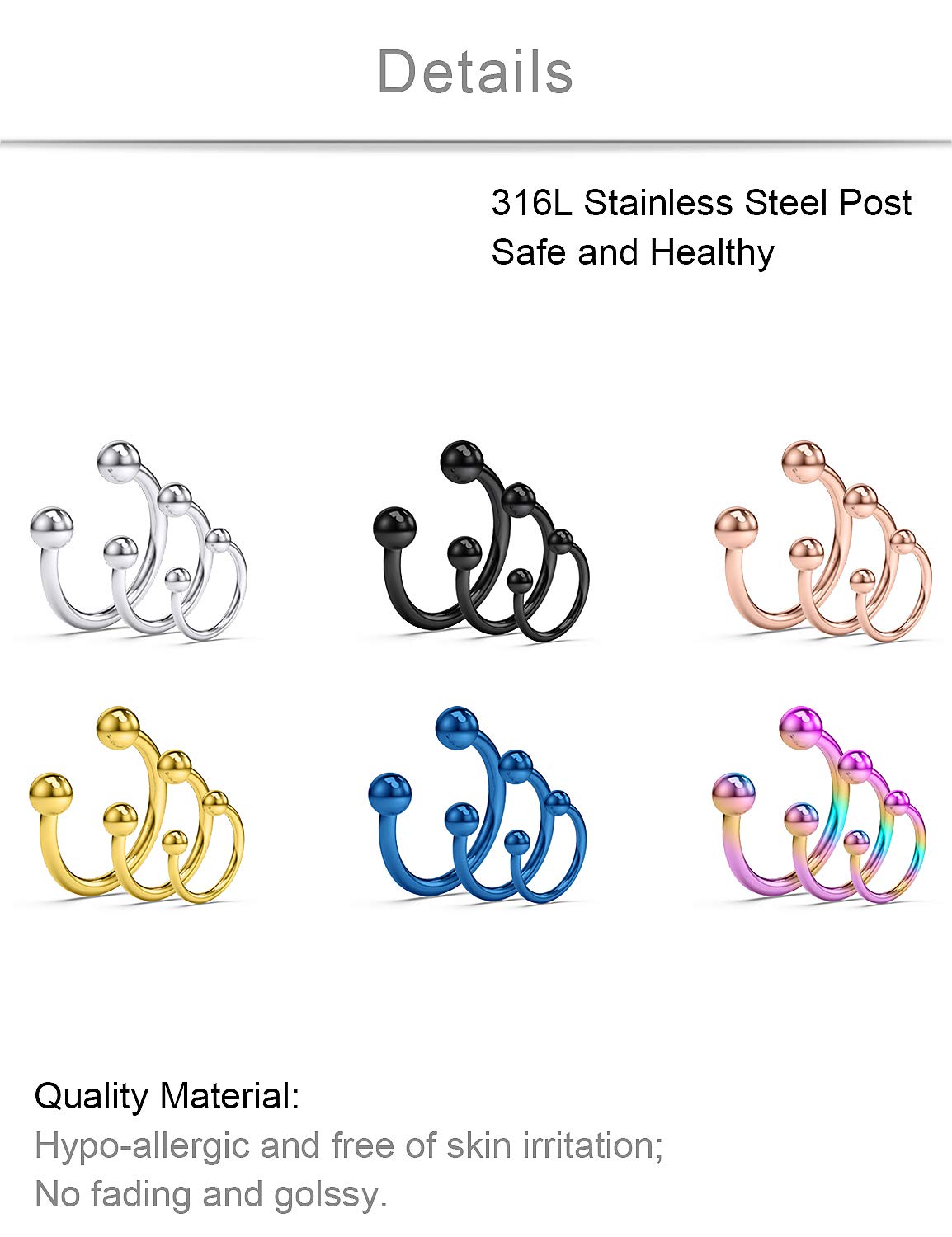 SCERRING 16G Septum Hoop Nose Rings 316L Stainless Steel Horseshoe Nose Hoop Ring Cartilage Daith Lip Tragus Earrings Retainer Body Piercing Jewelry 36PCS Mix Color 1#