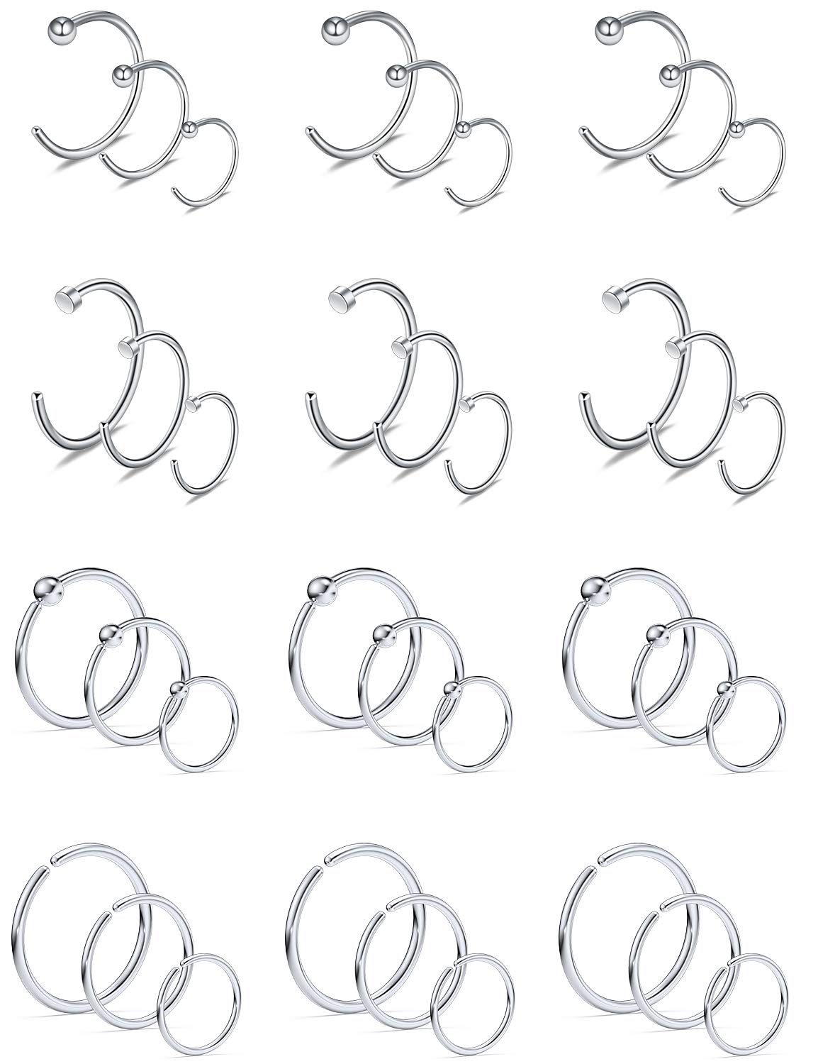 SCERRING 22 Gauge Nose Rings Hoop Stainless Steel Nose Studs Cartilage Daith Tragus Ear Piercing Ring Hoop Body Jewelry Set 36PCS