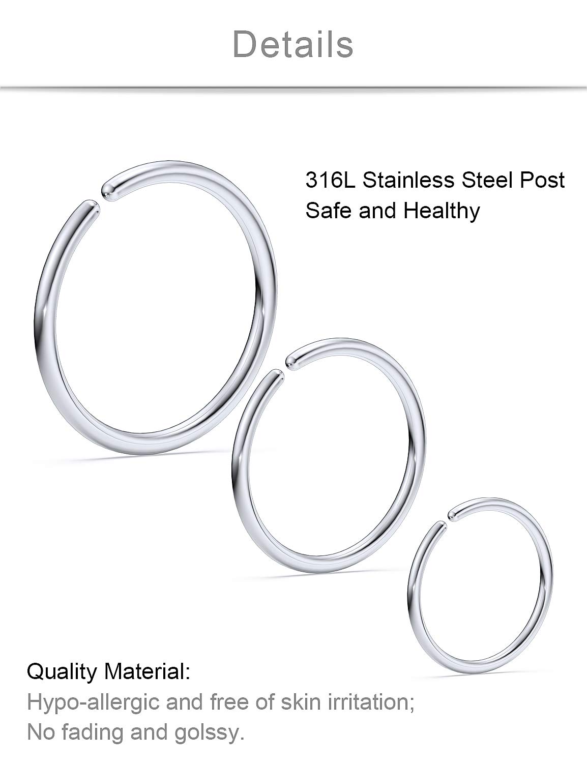 SCERRING 22 Gauge Nose Rings Hoop Stainless Steel Nose Studs Cartilage Daith Tragus Ear Piercing Ring Hoop Body Jewelry Set 36PCS