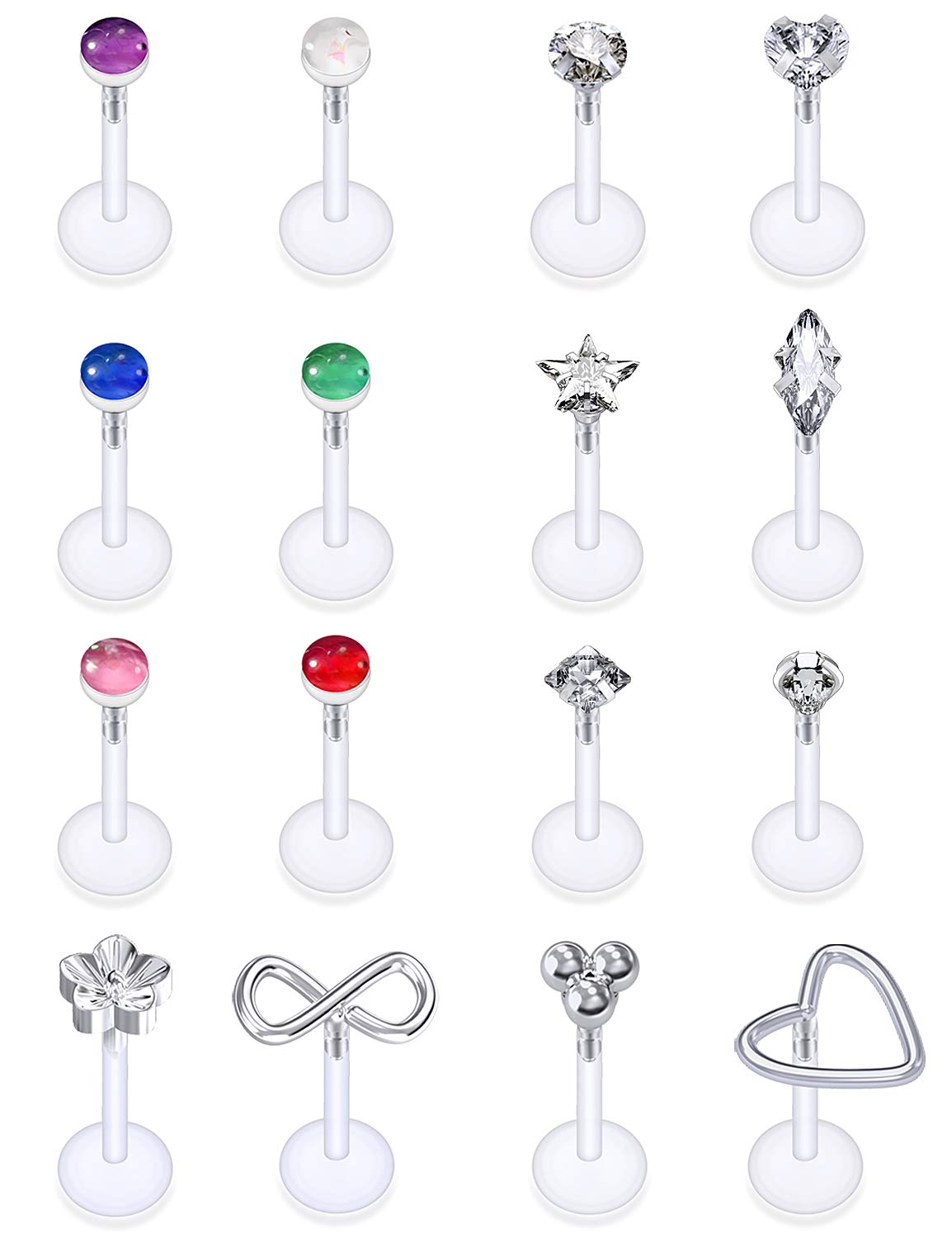 SCERRING 16g Lip Rings Clear Acrylic Flexible Labret Monroe Lip Rings Nail Tragus Helix Earrings Studs Ring Medusa Piercing Jewelry Retainer 8mm 16PCS