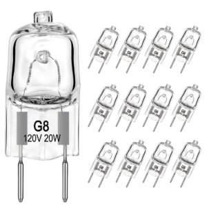 g8 halogen light bulbs 20watt 120volt halogen light bulb g8 base bi-pin shorter 1-3/8" (1.38") length 20w t4 jcd warm white under cabinet puck lighting replacements,12pack