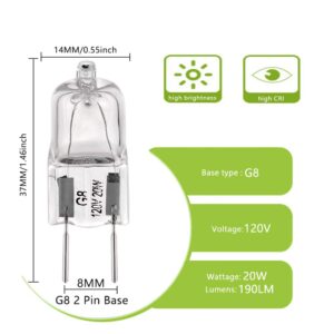 G8 Halogen Light Bulbs 20Watt 120Volt Halogen Light Bulb G8 Base Bi-Pin Shorter 1-3/8" (1.38") Length 20W T4 JCD Warm White Under Cabinet Puck Lighting Replacements,12Pack