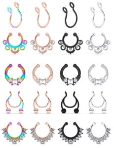 scerring fake septum nose hoop rings stainless steel faux lip ear nose septum ring non piercing clip on nose hoop rings body piercing jewelry clear cz 20pcs mix color 1#