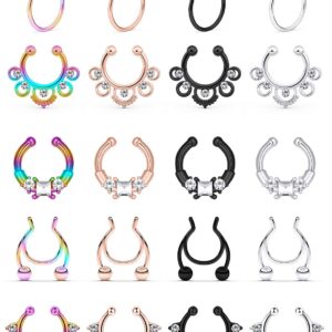 SCERRING Fake Septum Nose Hoop Rings Stainless Steel Faux Lip Ear Nose Septum Ring Non Piercing Clip On Nose Hoop Rings Body Piercing Jewelry Clear CZ 20PCS Mix Color 1#