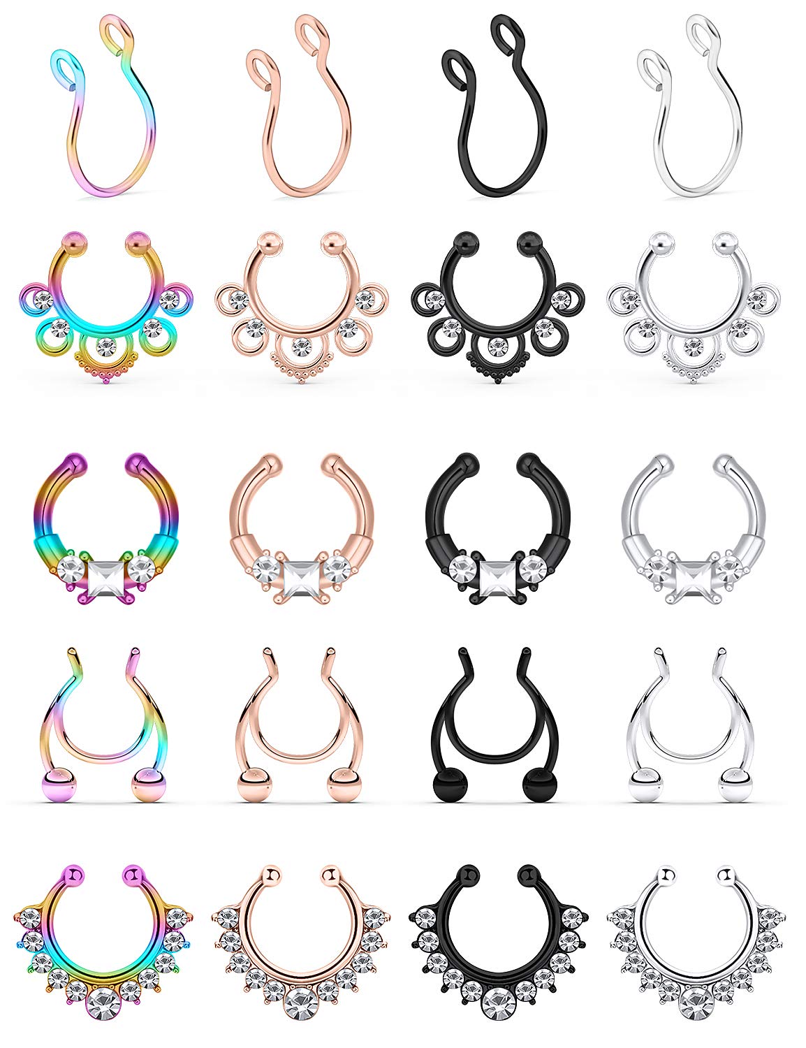 SCERRING Fake Septum Nose Hoop Rings Stainless Steel Faux Lip Ear Nose Septum Ring Non Piercing Clip On Nose Hoop Rings Body Piercing Jewelry Clear CZ 20PCS Mix Color 1#