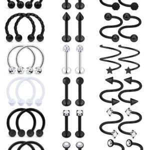 SCERRING Tragus Earrings 16g Stainless Steel Horseshoe Lip Rings Nail Tragus Helix Rook Cartilage Earrings Studs Ring Medusa Piercing Jewelry 8mm 36PCS Black