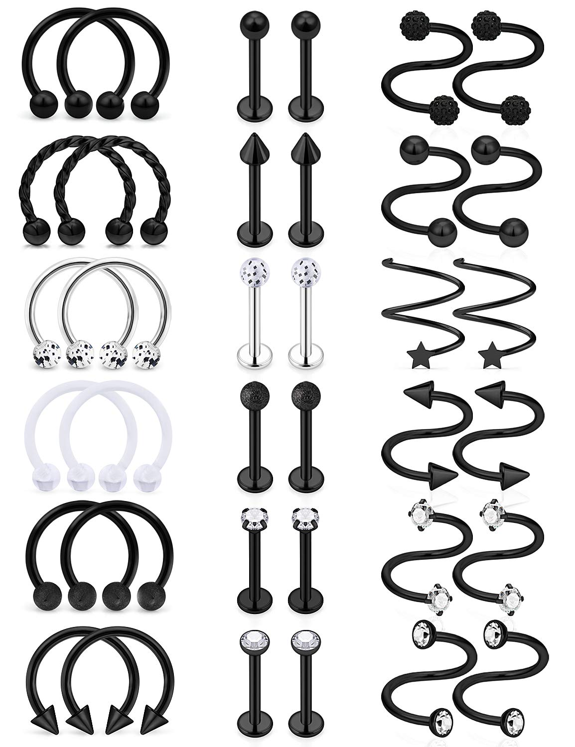 SCERRING Tragus Earrings 16g Stainless Steel Horseshoe Lip Rings Nail Tragus Helix Rook Cartilage Earrings Studs Ring Medusa Piercing Jewelry 8mm 36PCS Black