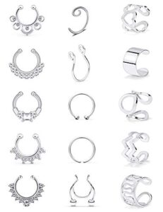 scerring fake septum nose hoop rings stainless steel faux lip ear nose septum ring non piercing clip on nose hoop rings body piercing jewelry clear cz 15pcs silver