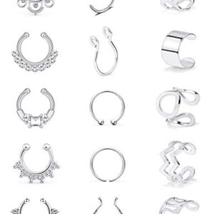 SCERRING Fake Septum Nose Hoop Rings Stainless Steel Faux Lip Ear Nose Septum Ring Non Piercing Clip On Nose Hoop Rings Body Piercing Jewelry Clear CZ 15PCS Silver