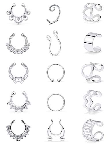 SCERRING Fake Septum Nose Hoop Rings Stainless Steel Faux Lip Ear Nose Septum Ring Non Piercing Clip On Nose Hoop Rings Body Piercing Jewelry Clear CZ 15PCS Silver