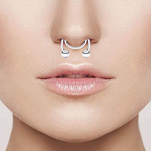 SCERRING Fake Septum Nose Hoop Rings Stainless Steel Faux Lip Ear Nose Septum Ring Non Piercing Clip On Nose Hoop Rings Body Piercing Jewelry Clear CZ 15PCS Silver