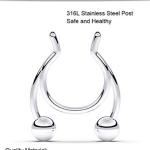 SCERRING Fake Septum Nose Hoop Rings Stainless Steel Faux Lip Ear Nose Septum Ring Non Piercing Clip On Nose Hoop Rings Body Piercing Jewelry Clear CZ 15PCS Silver