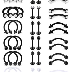 SCERRING Tragus Earrings 16g Stainless Steel Horseshoe Eyebrow Lip Rings Nail Tragus Helix Rook Cartilage Earrings Studs Ring Medusa Piercing Jewelry 8mm 36PCS Black