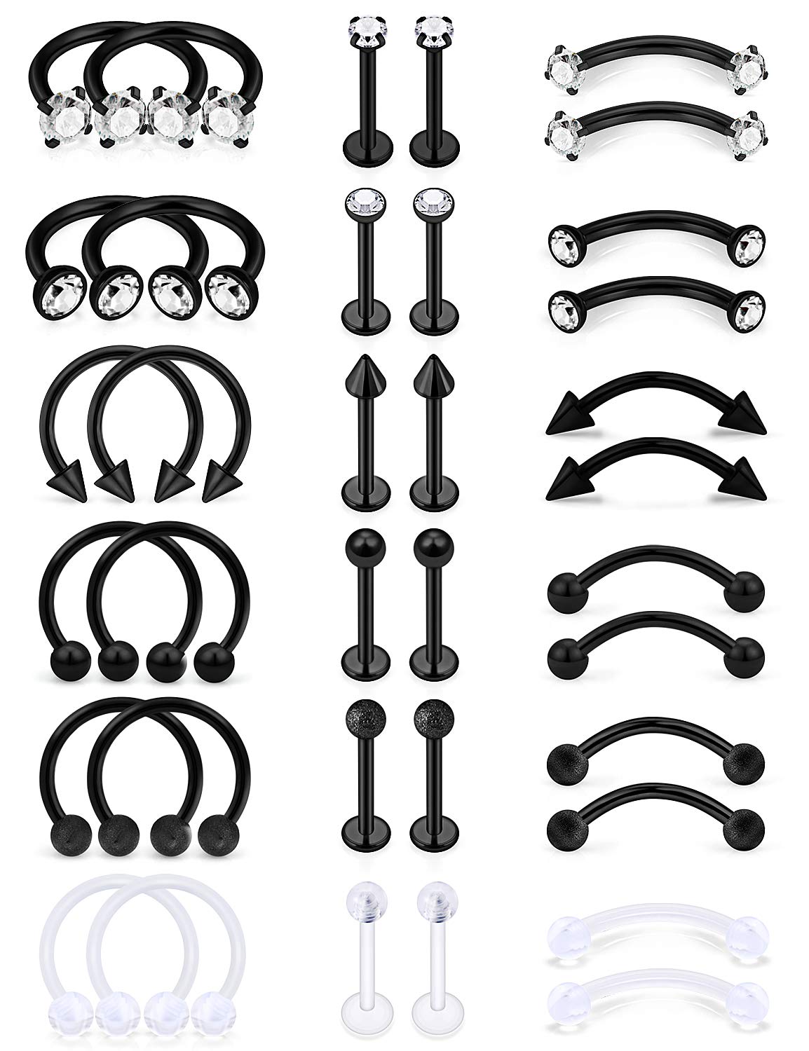 SCERRING Tragus Earrings 16g Stainless Steel Horseshoe Eyebrow Lip Rings Nail Tragus Helix Rook Cartilage Earrings Studs Ring Medusa Piercing Jewelry 8mm 36PCS Black