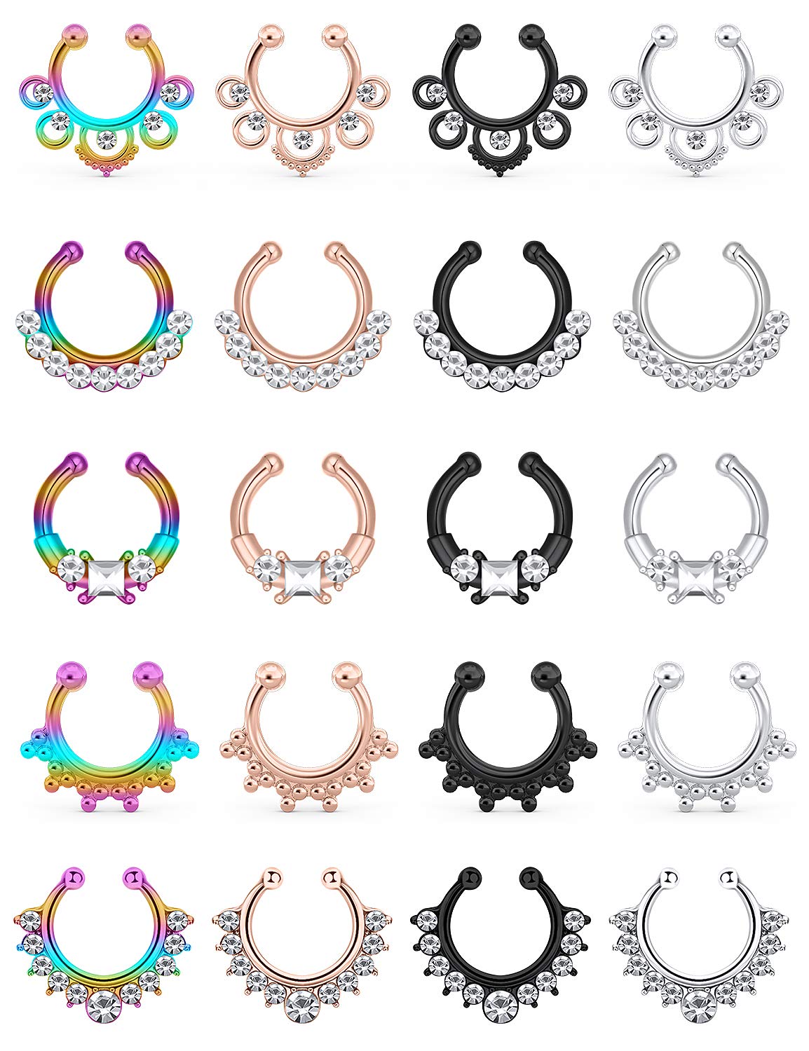 SCERRING Fake Septum Nose Hoop Rings Clear CZ Faux Non Pierced Clicker Hanger Nose Septum Ring Clip On Body Piercing Jewelry 20PCS Mix Color 1#