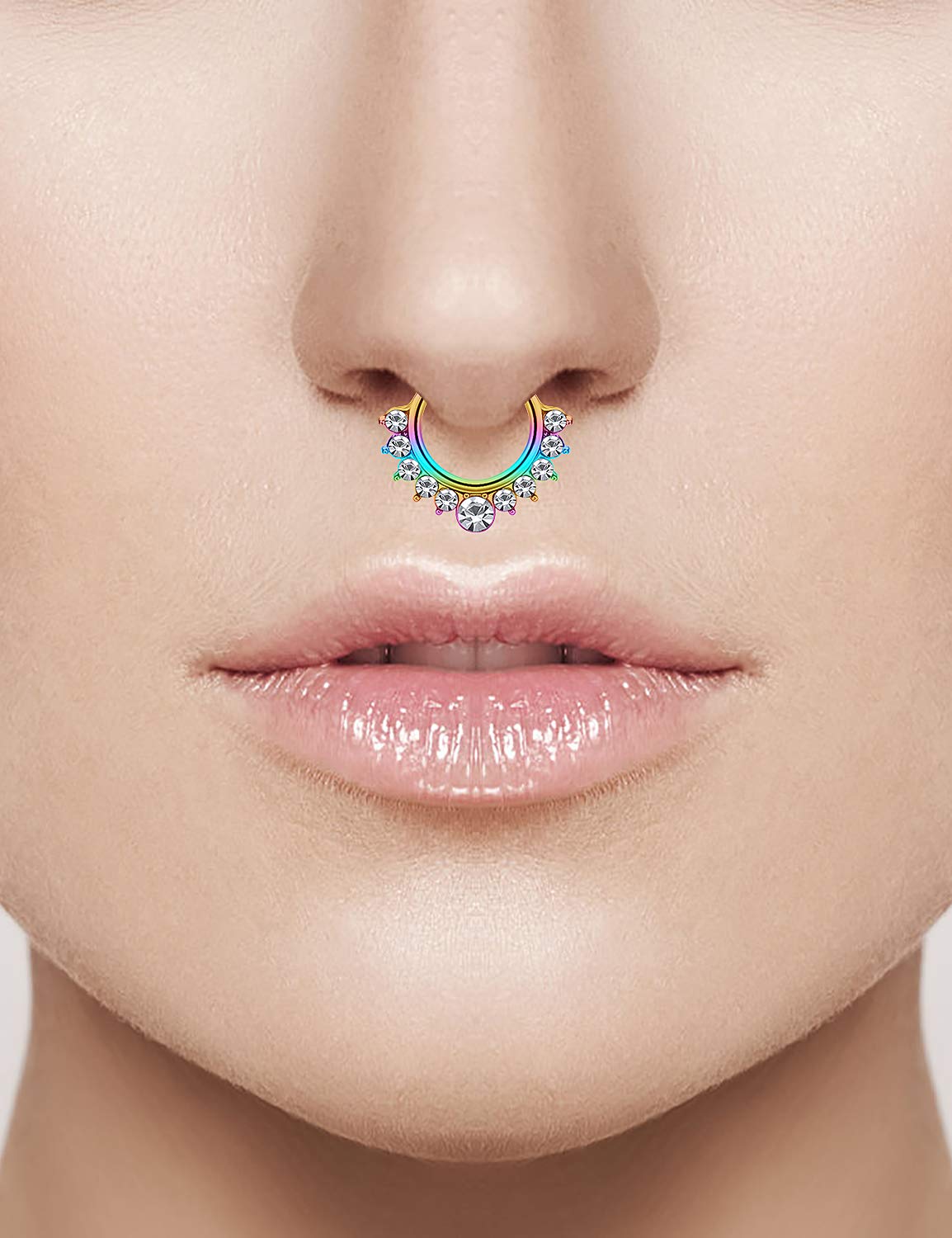 SCERRING Fake Septum Nose Hoop Rings Clear CZ Faux Non Pierced Clicker Hanger Nose Septum Ring Clip On Body Piercing Jewelry 20PCS Mix Color 1#