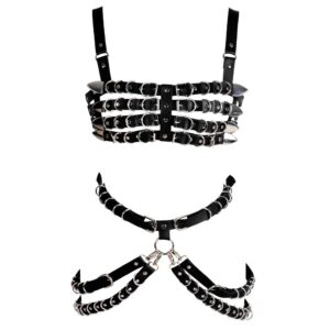 women's full body harness bra chest strap leather waist belt lingerie cage set waist belt punk gothic dance photography rock (black)