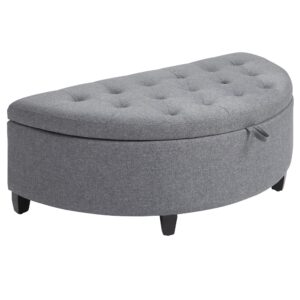 homcom half moon storage ottoman, upholstered button tufted storage bench with lift lid and wood legs, for living room, entryway, gray