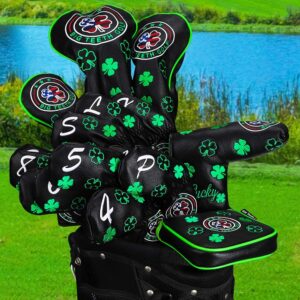 BIG TEETH Golf Head Covers Driver Hybrid Fairway Cover Golf Club Protector Lucky Clover and USA Pattern Black (Driver Cover)