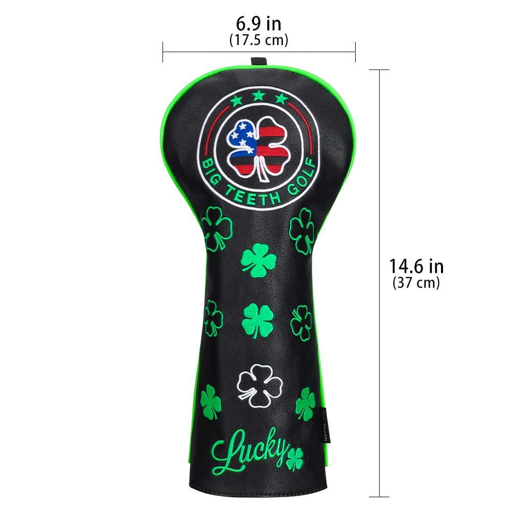 BIG TEETH Golf Head Covers Driver Hybrid Fairway Cover Golf Club Protector Lucky Clover and USA Pattern Black (Driver Cover)