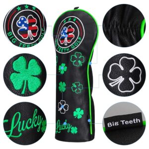 BIG TEETH Golf Head Covers Driver Hybrid Fairway Cover Golf Club Protector Lucky Clover and USA Pattern Black (Driver Cover)