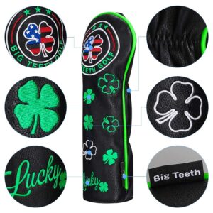 BIG TEETH Golf Head Covers Driver Hybrid Fairway Cover Golf Club Protector Lucky Clover and USA Pattern Black (Driver Cover)