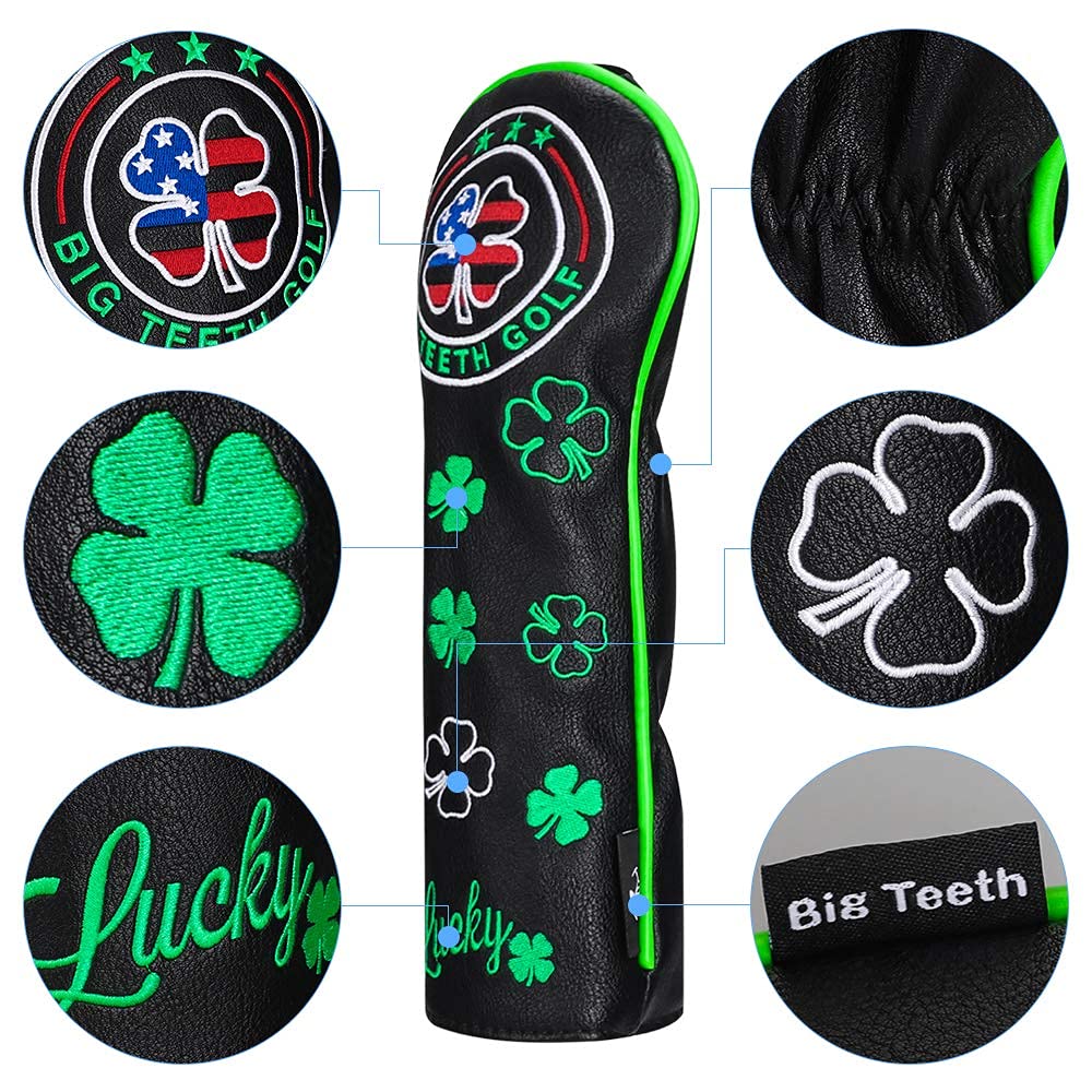 BIG TEETH Golf Head Covers Driver Hybrid Fairway Cover Golf Club Protector Lucky Clover and USA Pattern Black (Driver Cover)