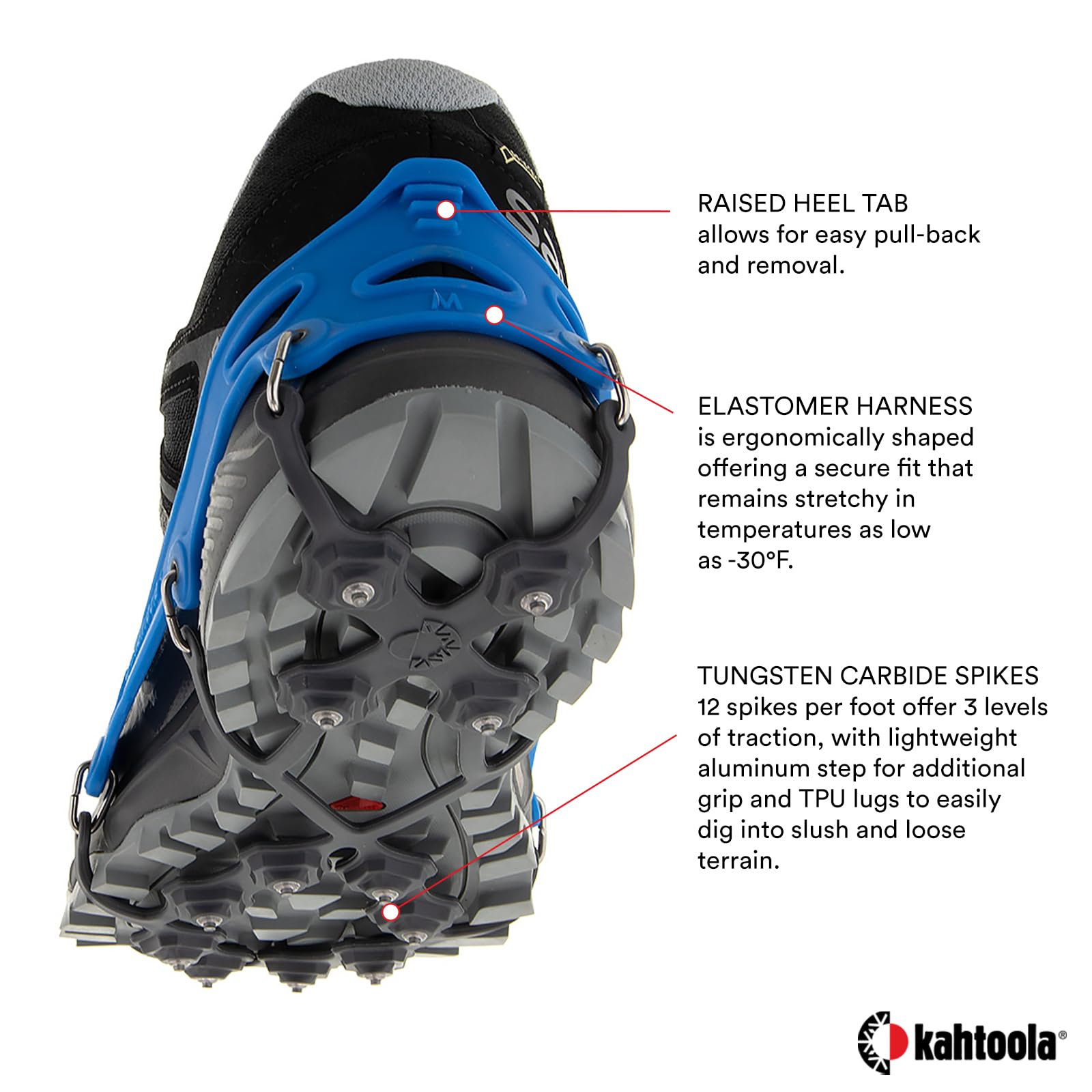 Kahtoola EXOspikes Footwear Traction for Winter Hiking & Running in Snow, Ice & Rocky Terrain - Blue - Large