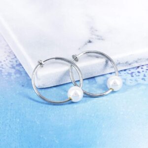 YOQUCOL 2 Pairs Clip On Hoop Earrings for Women Simulated Freshwater Pearl Non Pierced Ears Spring Hoops