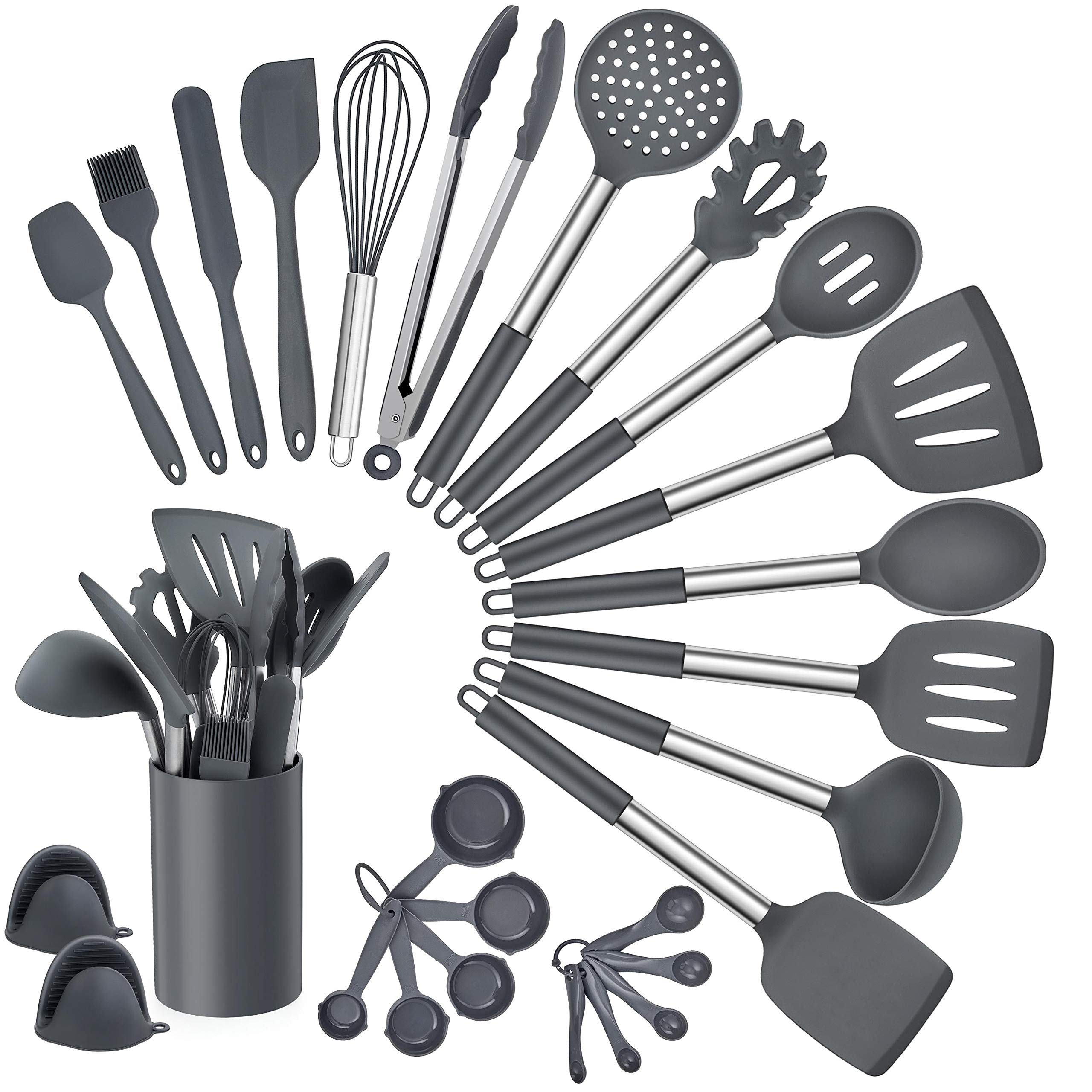 Homikit 27 Pieces Silicone Cooking Utensils Set with Holder, Kitchen Utensil Sets for Nonstick Cookware, Gray Kitchen Tools Spatula with Stainless Steel Handle, Heat Resistant