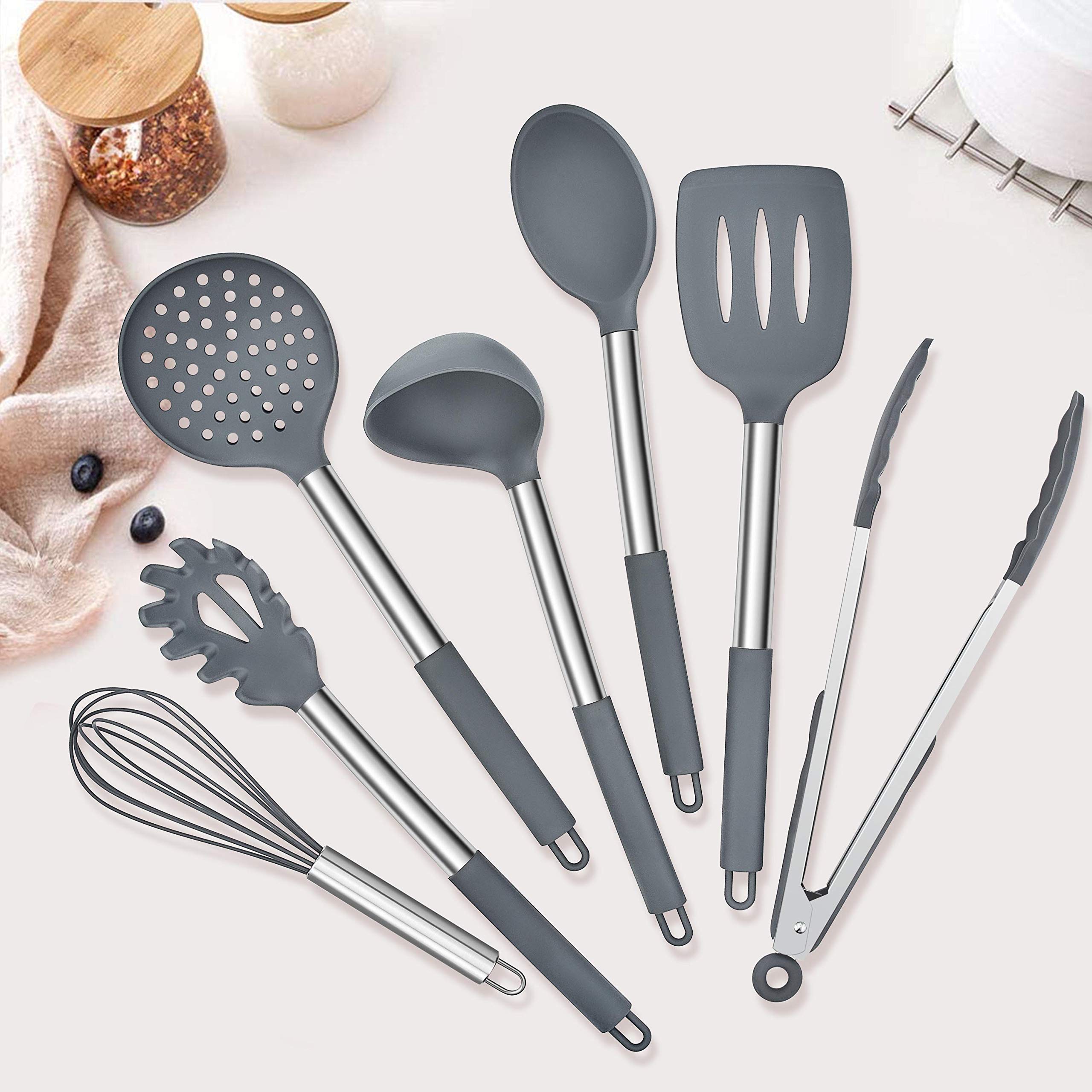 Homikit 27 Pieces Silicone Cooking Utensils Set with Holder, Kitchen Utensil Sets for Nonstick Cookware, Gray Kitchen Tools Spatula with Stainless Steel Handle, Heat Resistant