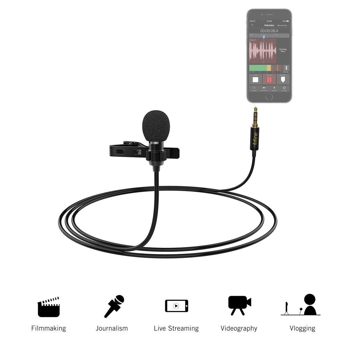 FIFINE Lavalier Lapel Microphone for iPhone Smartphone PC Computer, Mini Clip-on 3.5mm Condenser Mic Kit for Recording YouTube Video Vlog Podcast Zoom, 79 Inch Extension Cord, Omnidirectional-C2A