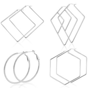 4 Pairs Stainless Steel Geometric Hexagon Round Square Thin Hoop Earrings for Women Jewelry Set-silver