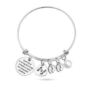 twin mom gift twins gift for women mom twins jewelry gift god chose a caring & strong woman to raise two twin mom jewelry footprint charm expandable bracelet mother's day birthday thanksgiving gift