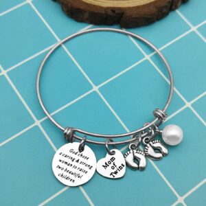 Twin Mom Gift Twins Gift for Women Mom Twins Jewelry Gift God Chose A Caring & Strong Woman to Raise Two Twin Mom Jewelry Footprint Charm Expandable Bracelet Mother's Day Birthday Thanksgiving Gift