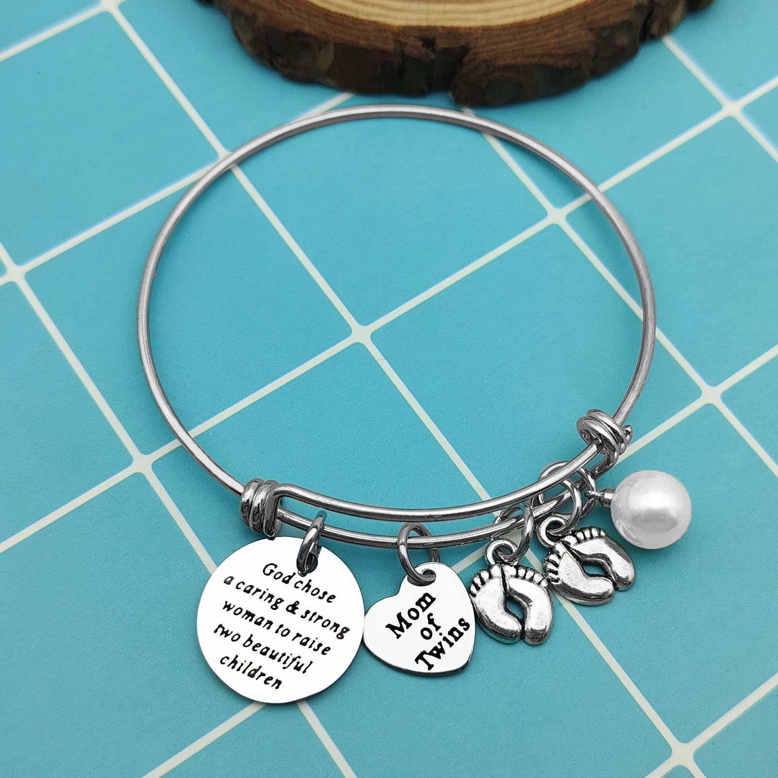 Twin Mom Gift Twins Gift for Women Mom Twins Jewelry Gift God Chose A Caring & Strong Woman to Raise Two Twin Mom Jewelry Footprint Charm Expandable Bracelet Mother's Day Birthday Thanksgiving Gift