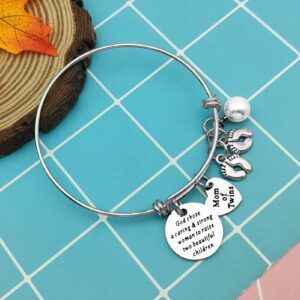 Twin Mom Gift Twins Gift for Women Mom Twins Jewelry Gift God Chose A Caring & Strong Woman to Raise Two Twin Mom Jewelry Footprint Charm Expandable Bracelet Mother's Day Birthday Thanksgiving Gift