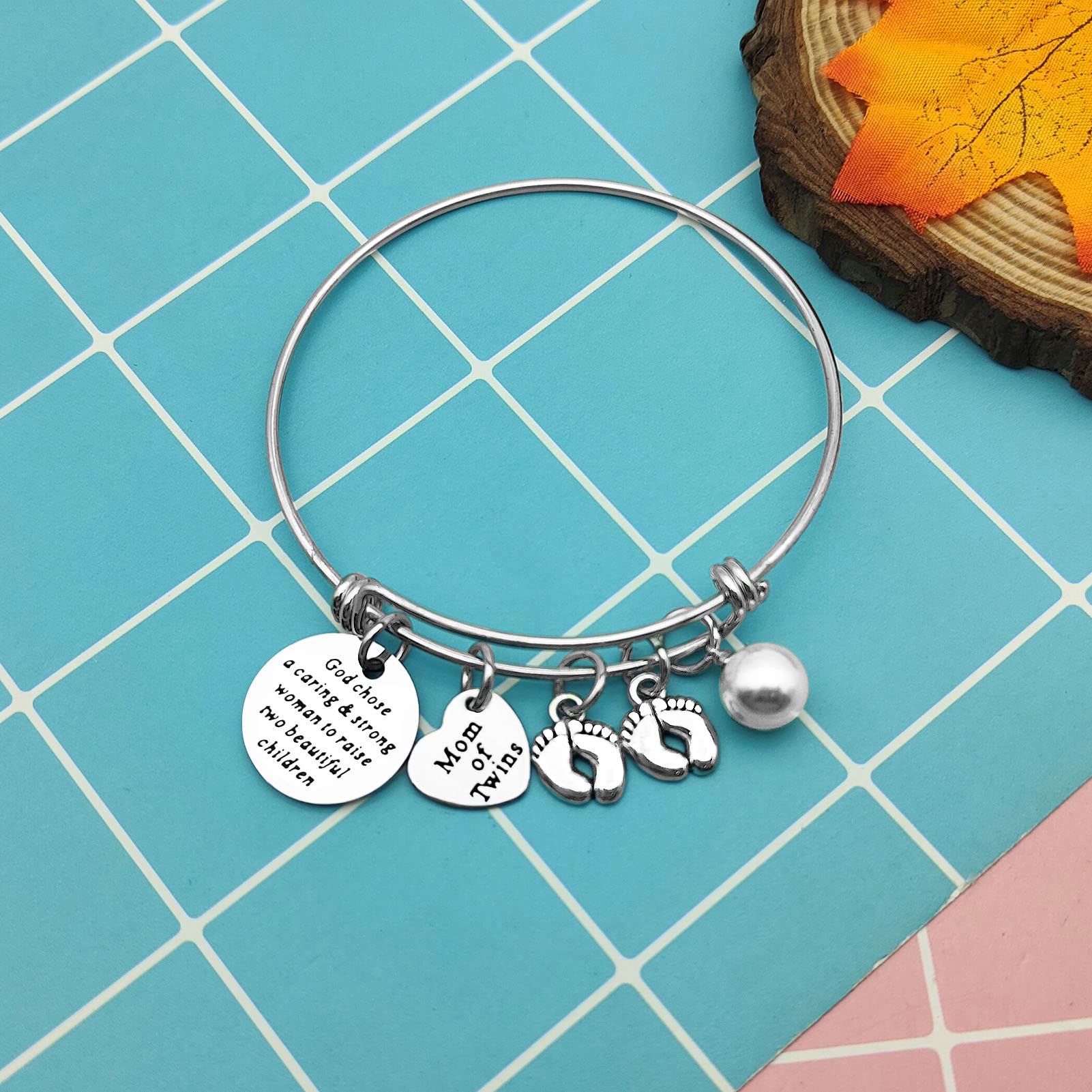 Twin Mom Gift Twins Gift for Women Mom Twins Jewelry Gift God Chose A Caring & Strong Woman to Raise Two Twin Mom Jewelry Footprint Charm Expandable Bracelet Mother's Day Birthday Thanksgiving Gift