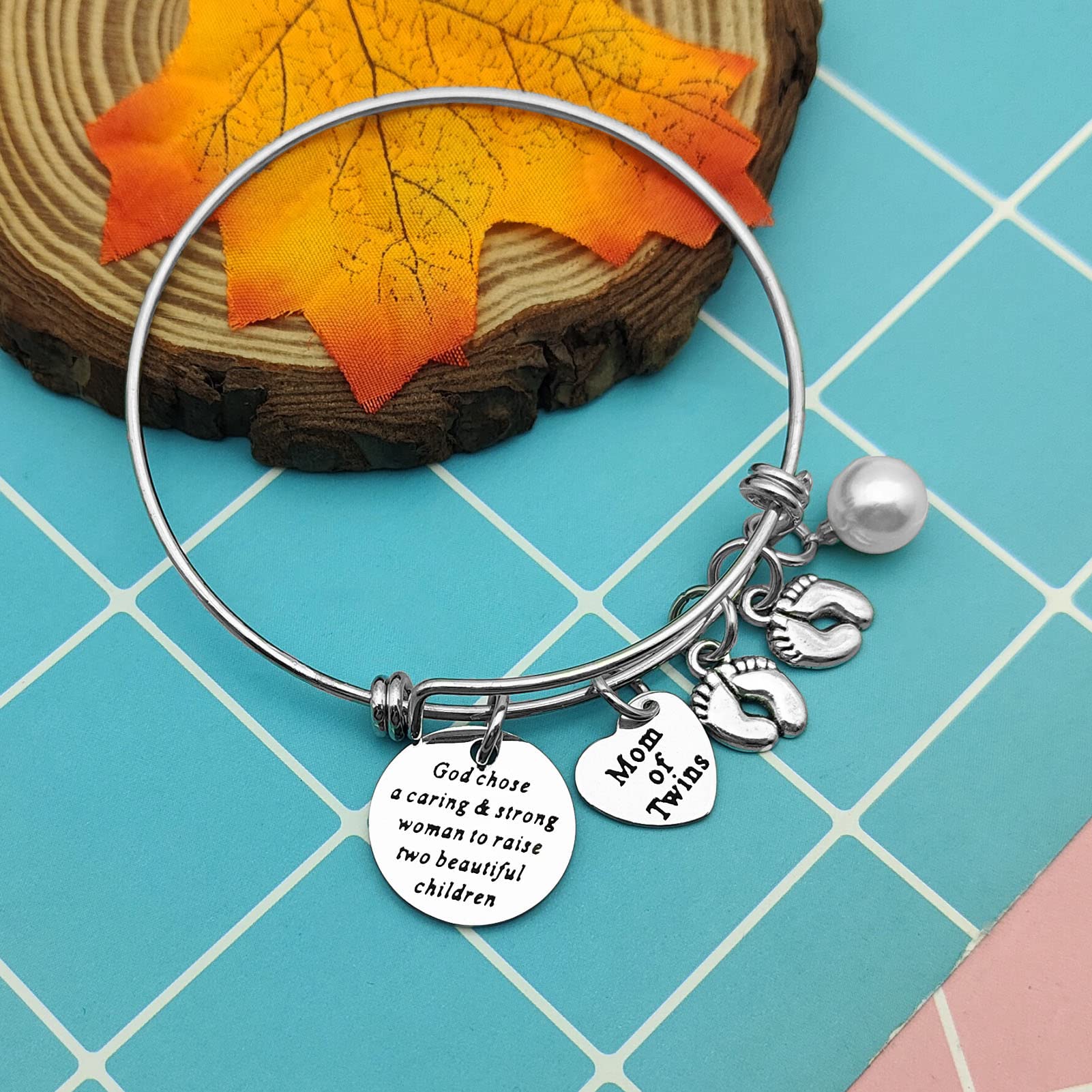 Twin Mom Gift Twins Gift for Women Mom Twins Jewelry Gift God Chose A Caring & Strong Woman to Raise Two Twin Mom Jewelry Footprint Charm Expandable Bracelet Mother's Day Birthday Thanksgiving Gift