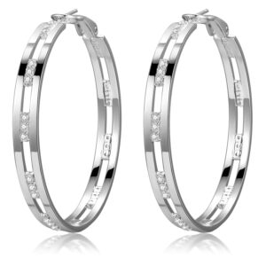 ganadara cubic zirconia hoop earrings for women - 14k gold plated 925 sterling silver shiny wide round hoop earrings (silver)