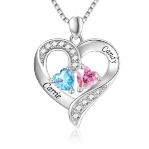 missnity sterling silver personalized 2 heart simulated birthstone engraved names necklace for women mother pendant jewelry (silver - box chain (cz))