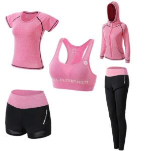 workout outfit set for women 5 pieces yoga exercise clothes with sport bra shorts leggings shirt jacket athletic(pink, l)